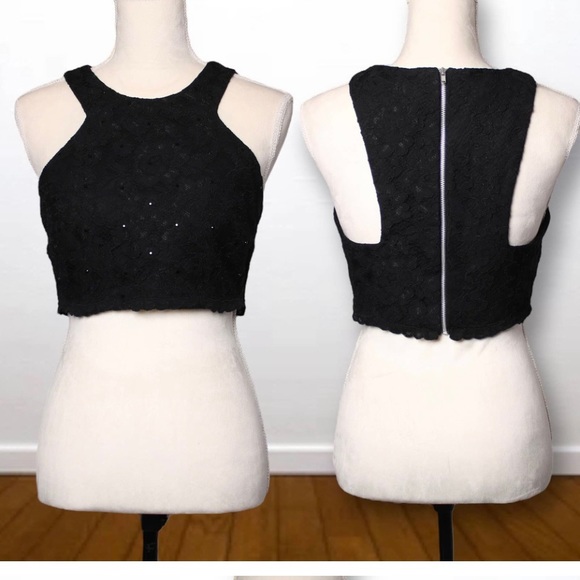 Xscape | Tops | Xscape Black Sequin Embellished Beaded Crop Top | Poshmark